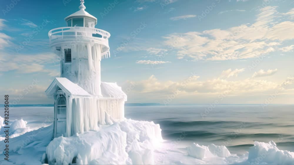 A lighthouse stands tall and strong amidst a heavy snowfall, its ...
