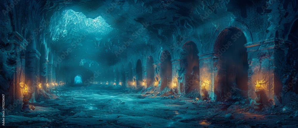 This fantasy scene depicts a stone dungeon cave with glowing lanterns ...