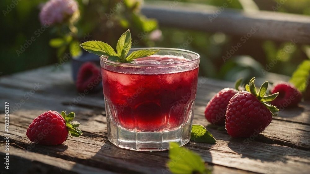 Sweet berry juice, garden, soft sunrise light, spring. Strawberry juice ...