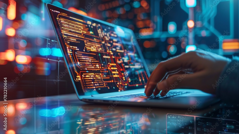 Coding programmer, software engineer on laptop with circuit board and javascript on virtual ...