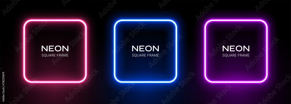 Neon square frame. Light box border. Led glow on a black background ...