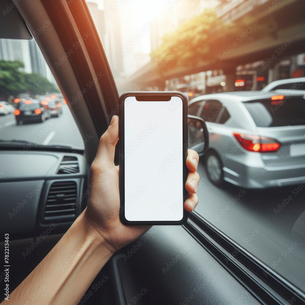 hand sticking out of car window with smartphone white screen mockup ...