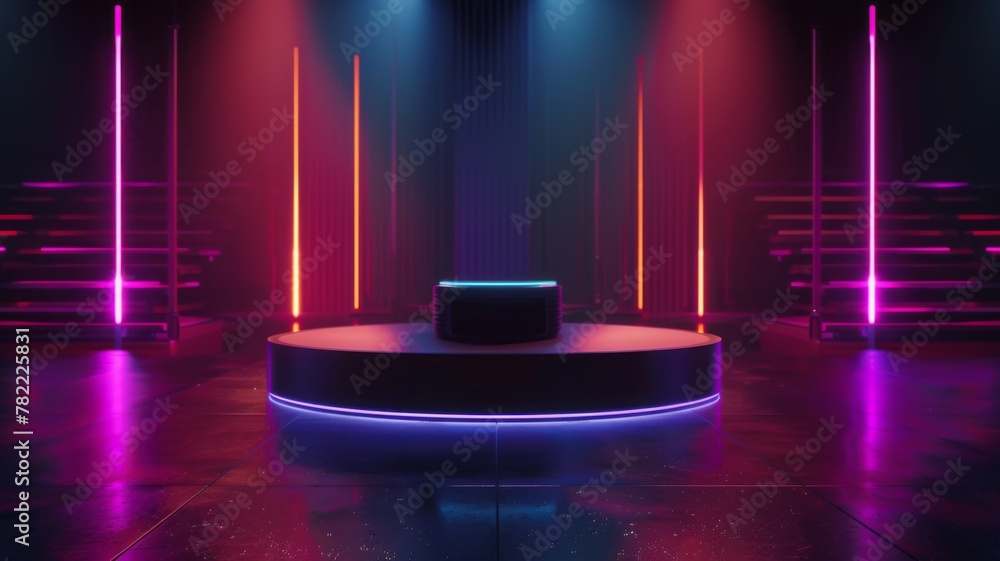 Neon-lit platform with futuristic cube in center - An atmospheric 3D ...