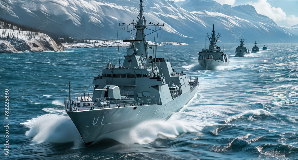 Naval Fleet Patrol. Warships Navigating Icy Arctic Waters. Arctic Naval ...