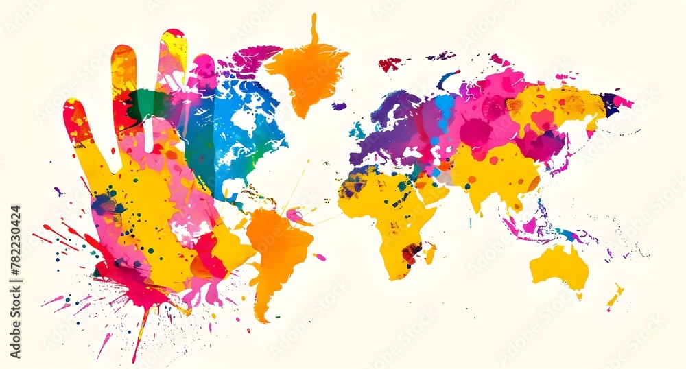 Colorful handprint with vibrant splash forming world map. Creative ...