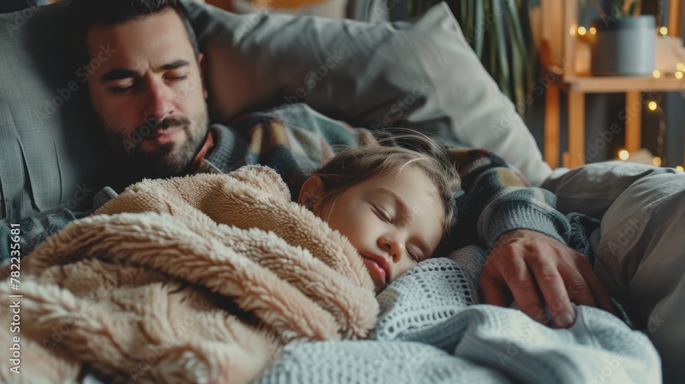 man take care of little ill daughter. Sick child lying on bed under ...