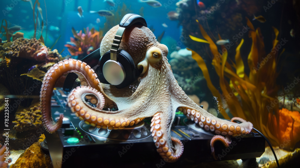 An octopus wearing headphones DJs at an underwater console at a party ...