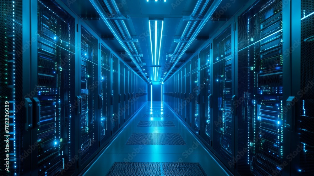Shot of Corridor in Working Data Center Full of Rack Servers and ...