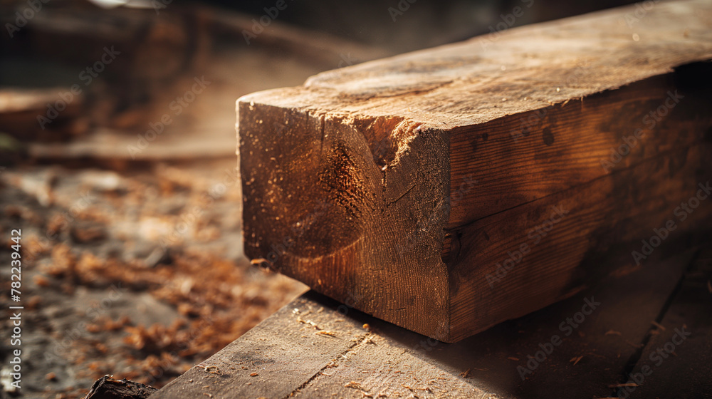 A sturdy timber beam rests quietly against a backdrop of sawdust and ...
