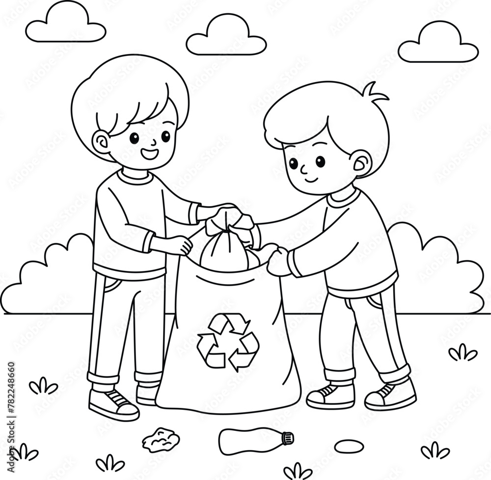 Cute kawaii eco friendly kids collecting waste coloring page. Boy, girl ...