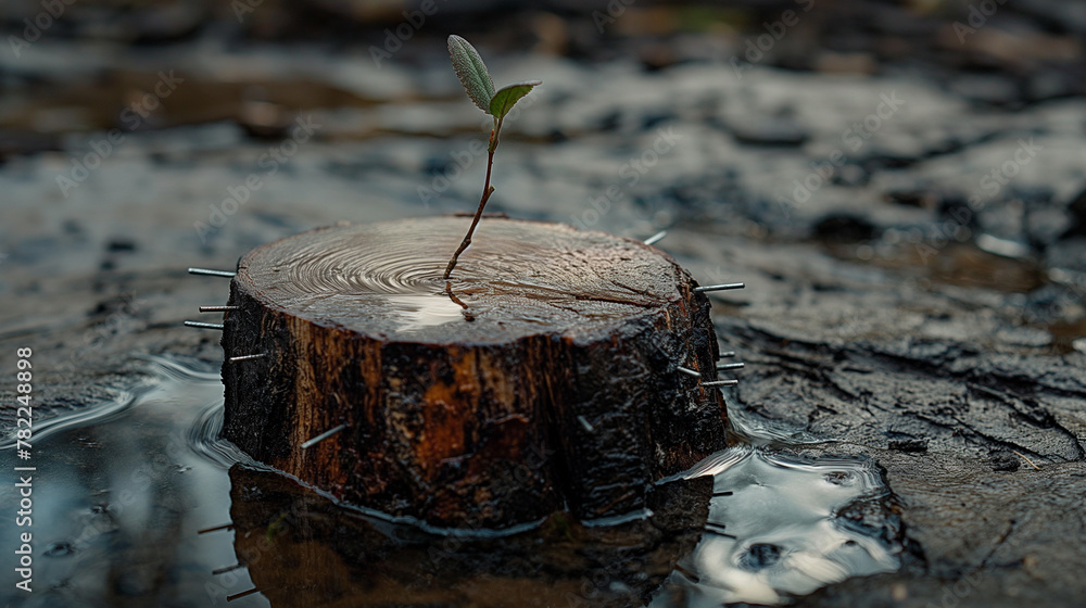 Stump of a cut tree. A single branch sprouts from it. Steel nails are ...