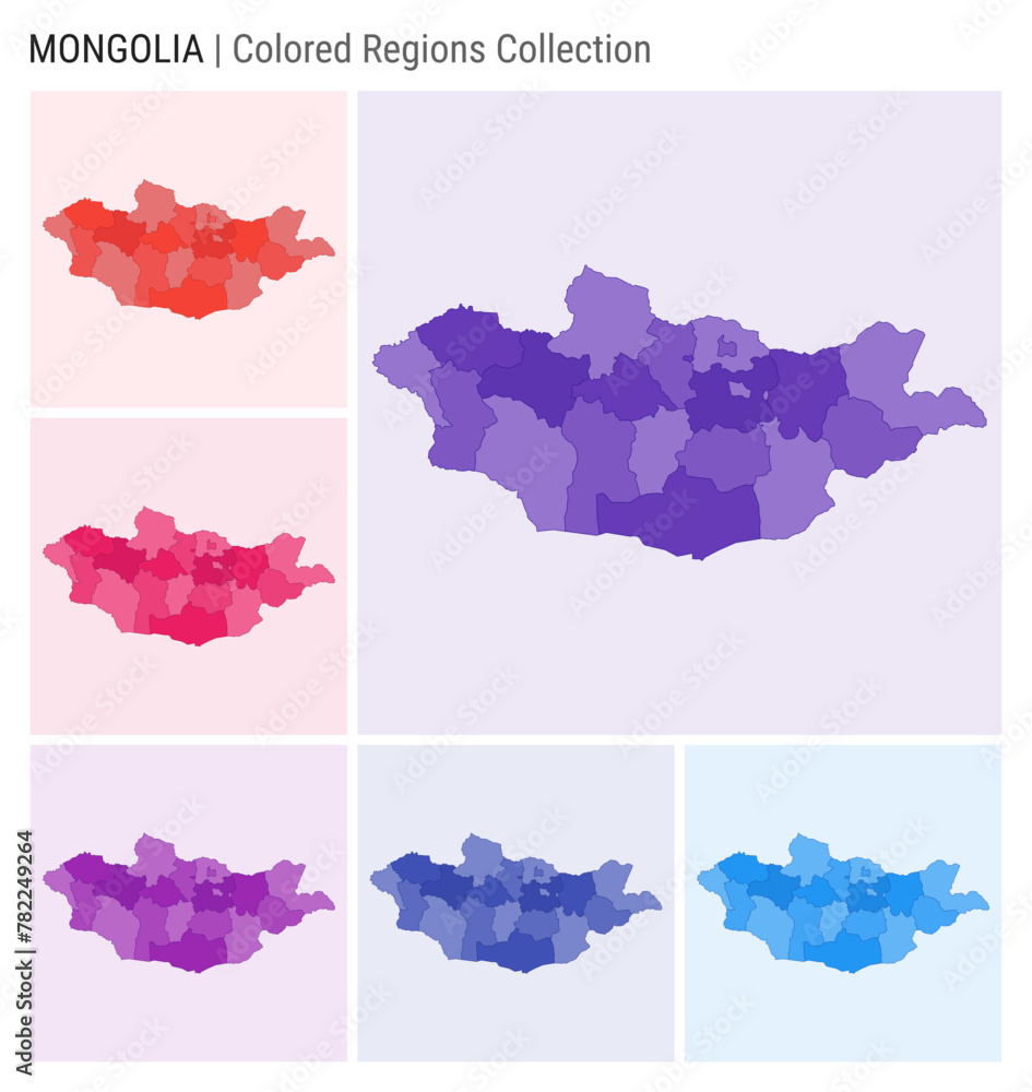 Mongolia map collection. Country shape with colored regions. Deep ...