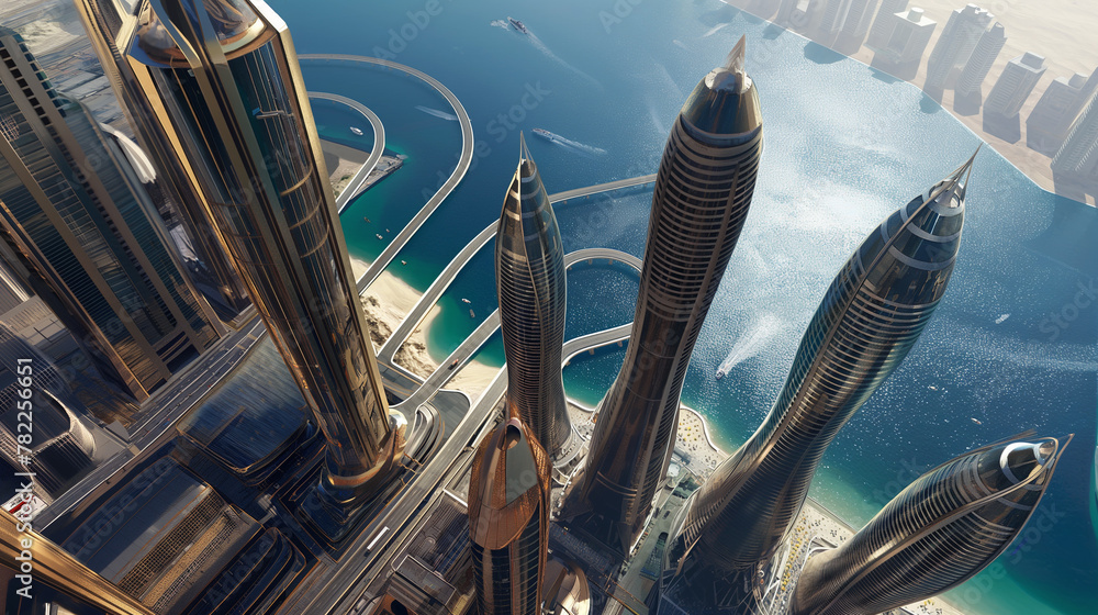 A futuristic city in the 2070: skyscrapers in the shape of pyramids and ...