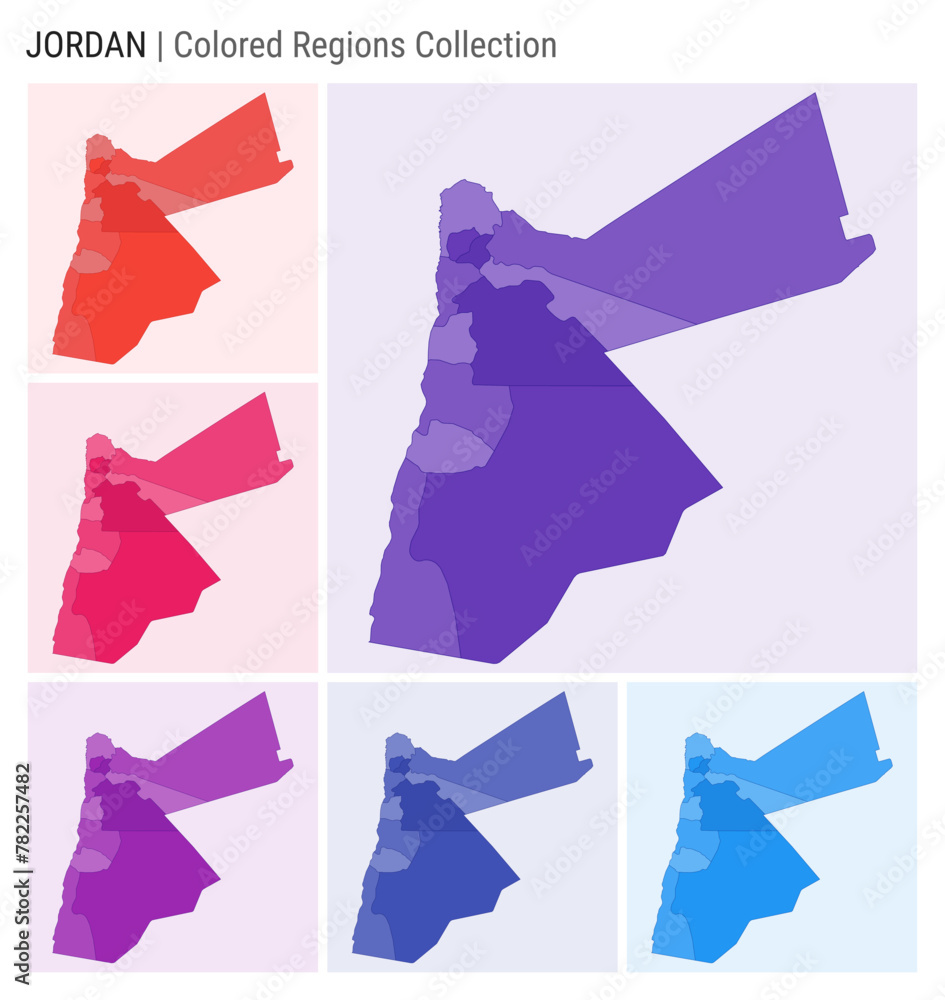 Jordan map collection. Country shape with colored regions. Deep Purple, Red, Pink, Purple ...