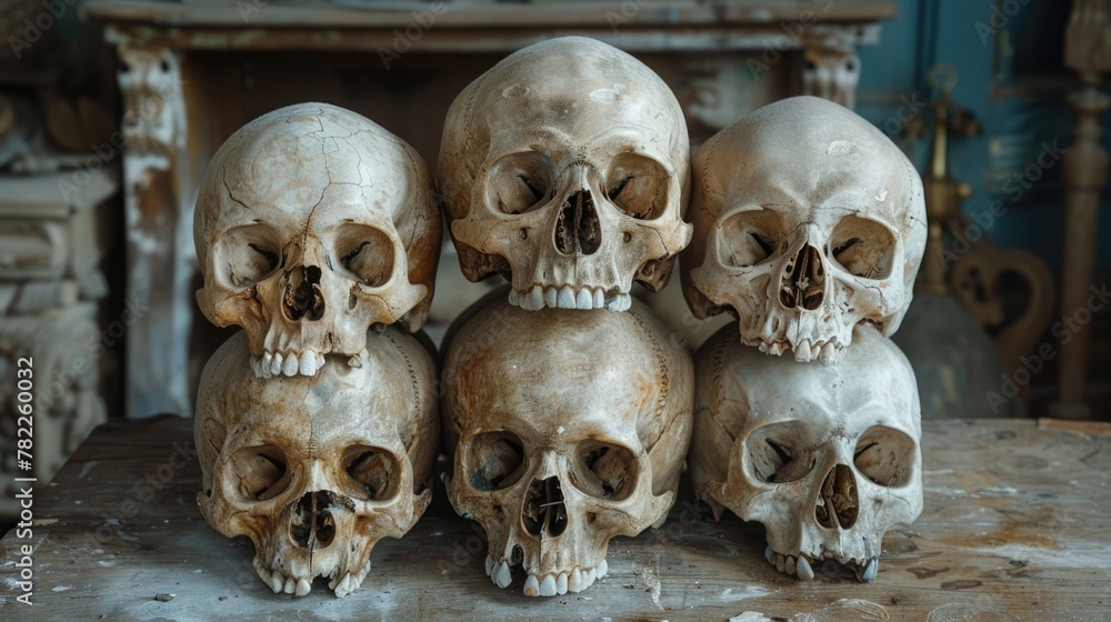 Many human skulls. People's heads. Study of the skull structure ...