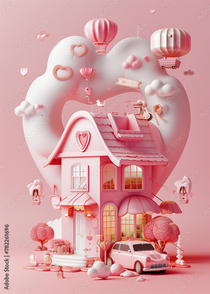 A pink heart-shaped house with cloud and car elements, in a minimalist ...