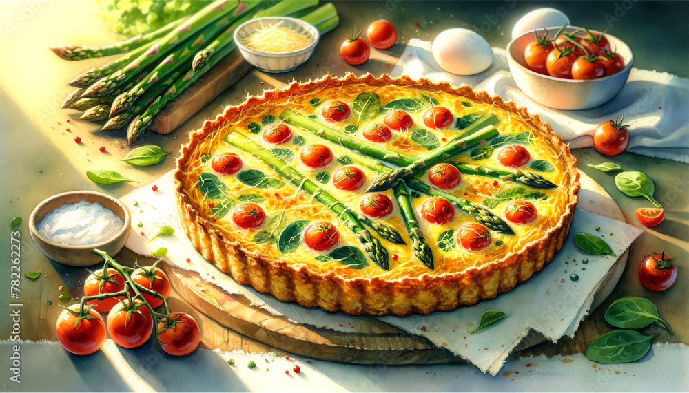 Watercolor Painting of a Spring Quiche with Hash Brown Crust Stock ...