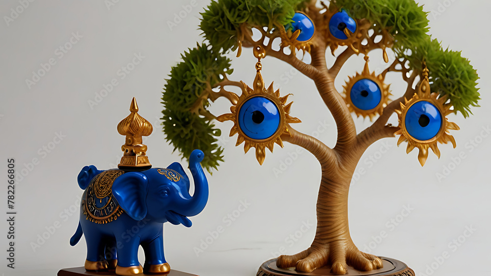 Vastu Tree with blue devil eye and golden elephant on an isolated white ...
