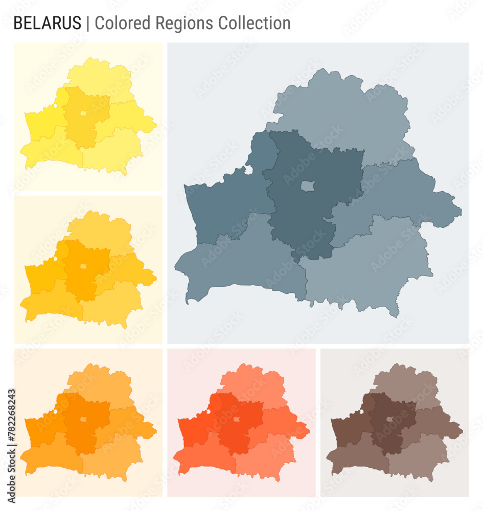 Belarus map collection. Country shape with colored regions. Blue Grey ...