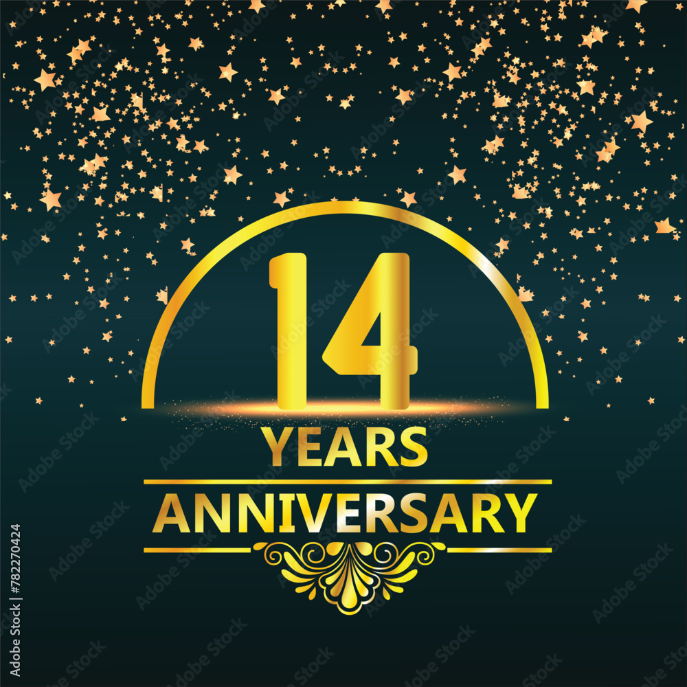 14 year anniversary template design with golden number and ring for ...