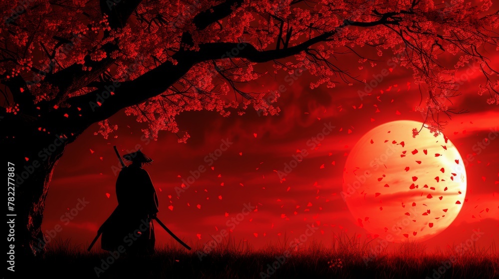 Silhouette of a samurai under a cherry blossom tree with a red moon ...
