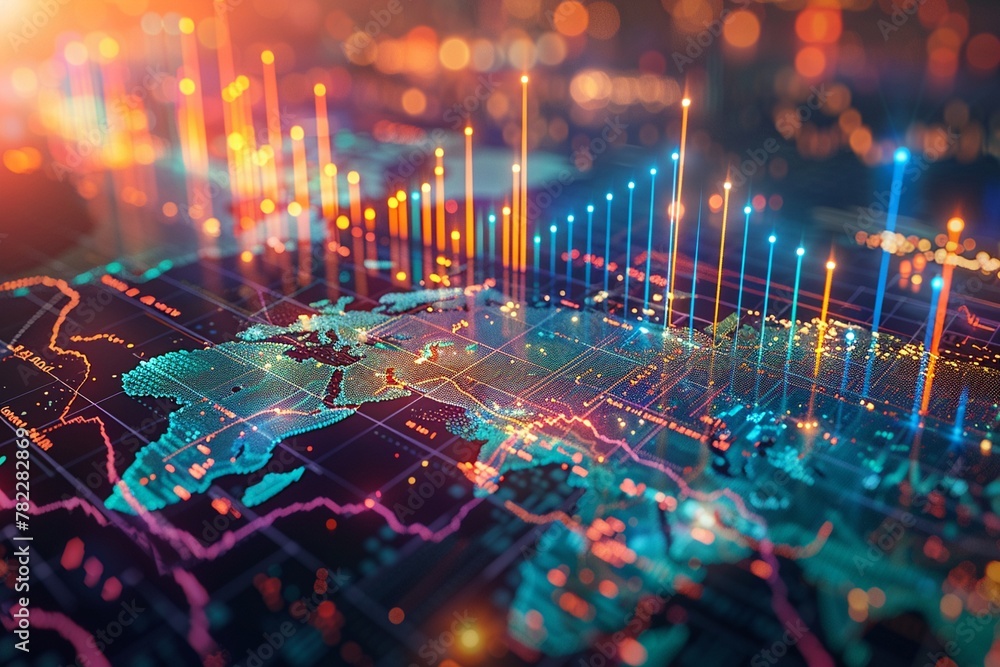 Intricate 3D gold trade analysis chart overlaying a dynamic global ...