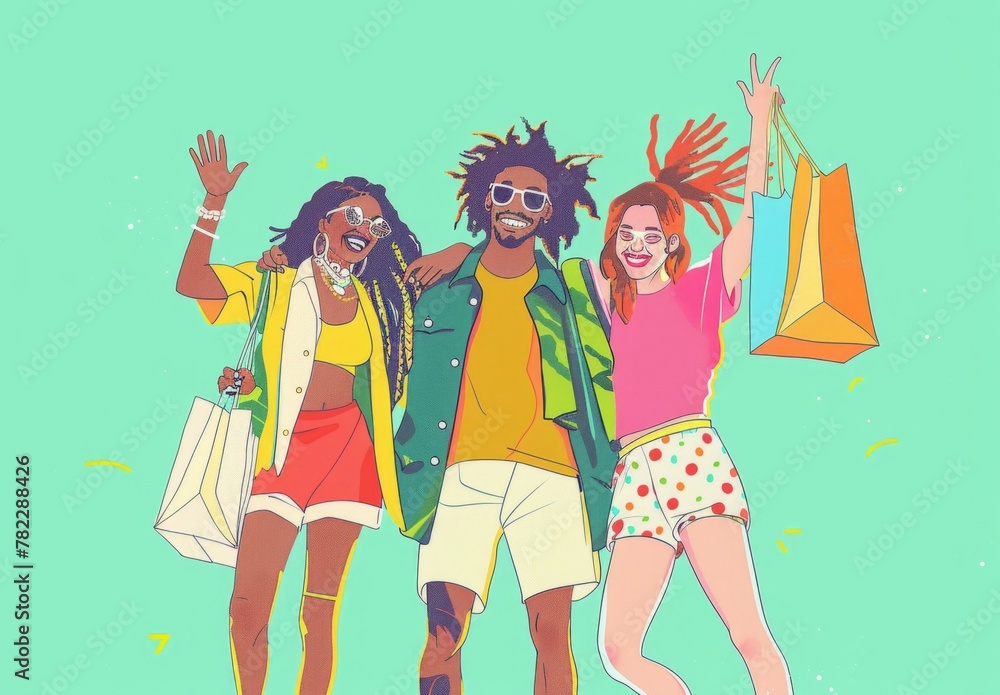 three diverse friends, one black woman with long hair an Asian man with ...