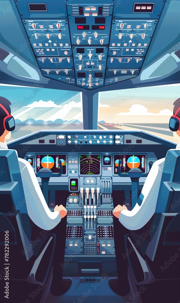 back view of captain pilot and co-pilot in airplane cabin, team two ...