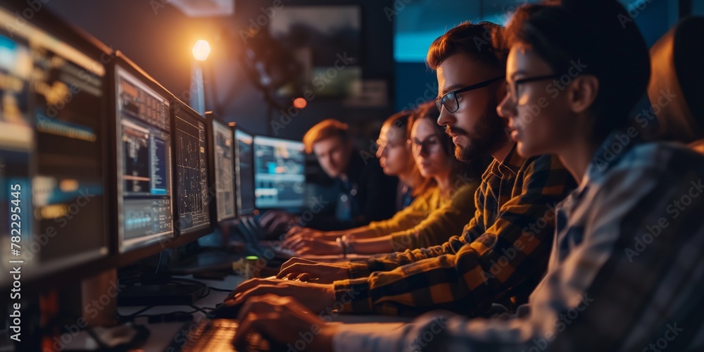 Software Developer Programming Finding Solutions While Working On Desktop Computers In Data