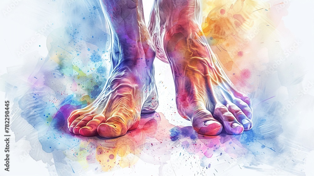 An anatomical digital illustration of human feet with dynamic light ...