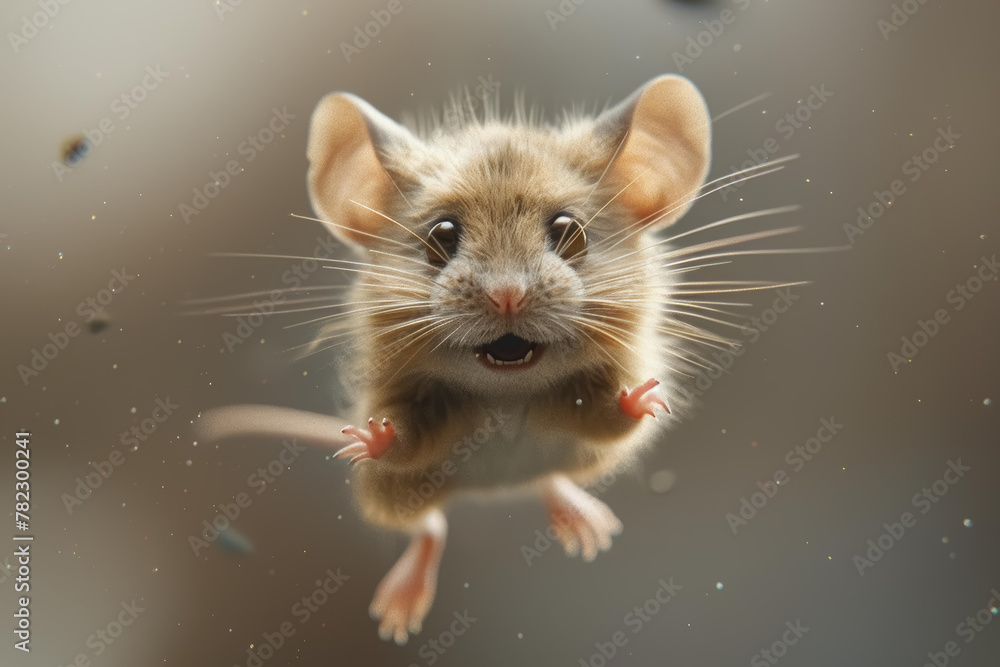playful mouse leaping in mid-air, surrounded by floating particles ...