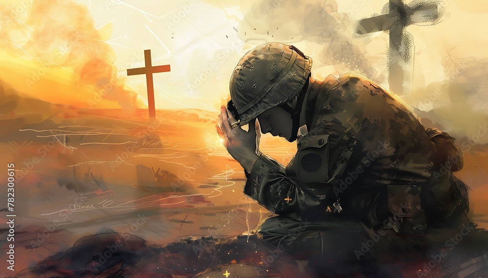 "Christian Soldier Praying with Cross: Digital Painting" Stock Photo ...