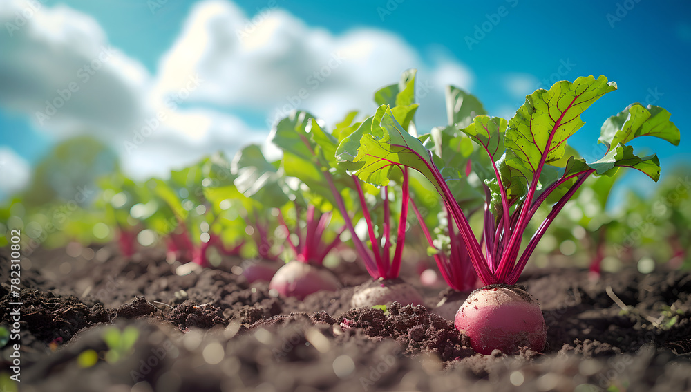 the seeds for beetroot are growing in soil , blue sky , white clouds ...
