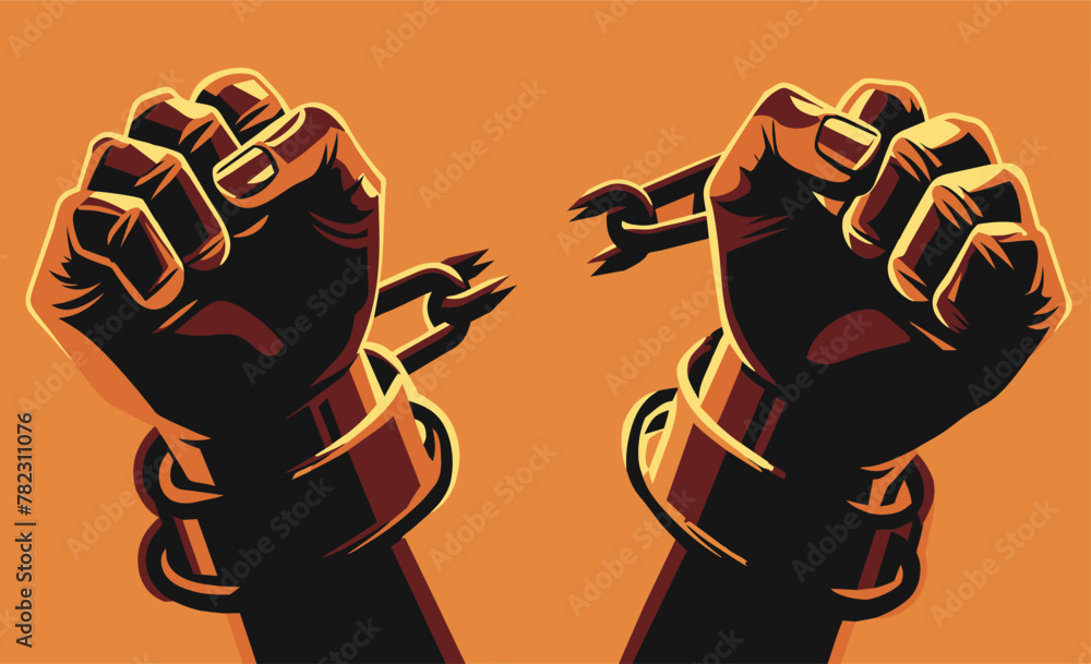 Depiction of hands breaking chains, symbolizing liberation and the ...