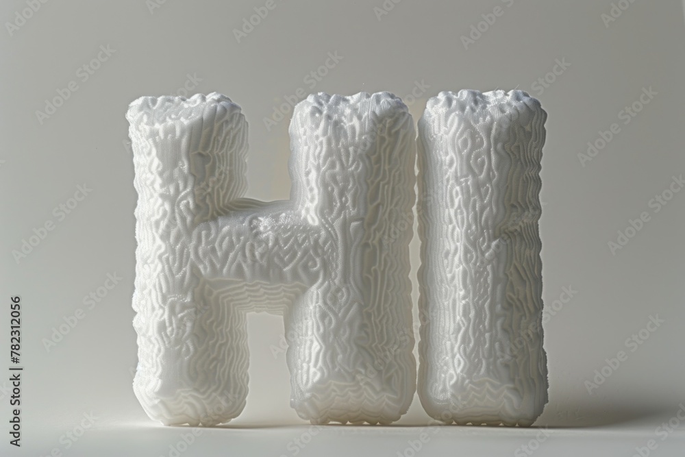 The word "HI" in white puffy letters with a wavy texture on a light ...