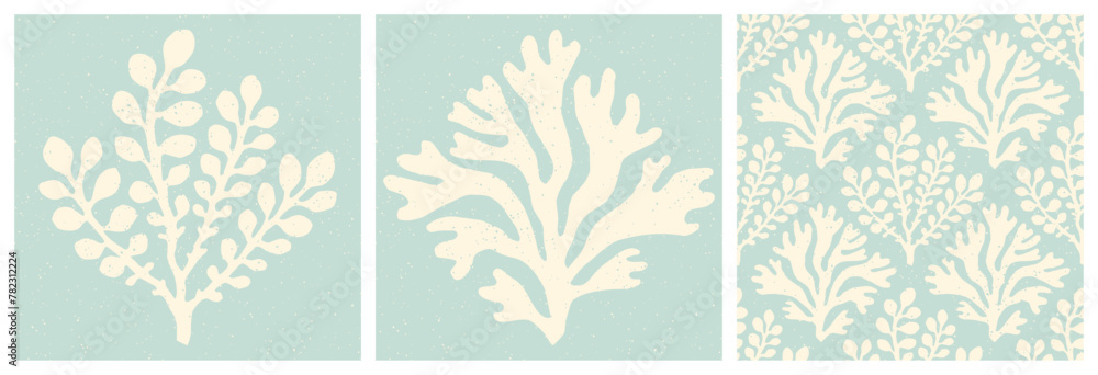 Pastel blue coral reef and seaweed print and seamless textured pattern ...