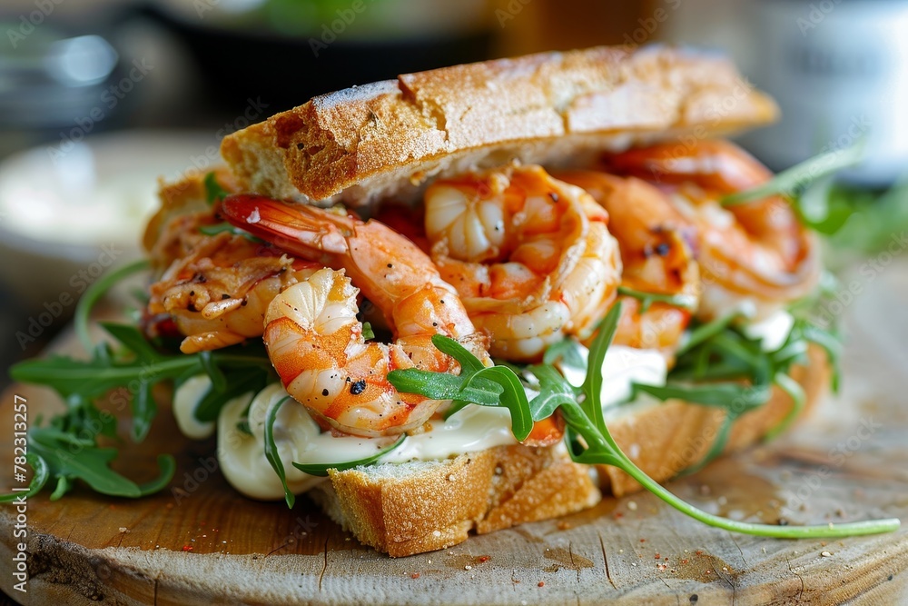 Tasty crayfish king prawn sandwich with mayo and rocket on malted bread ...