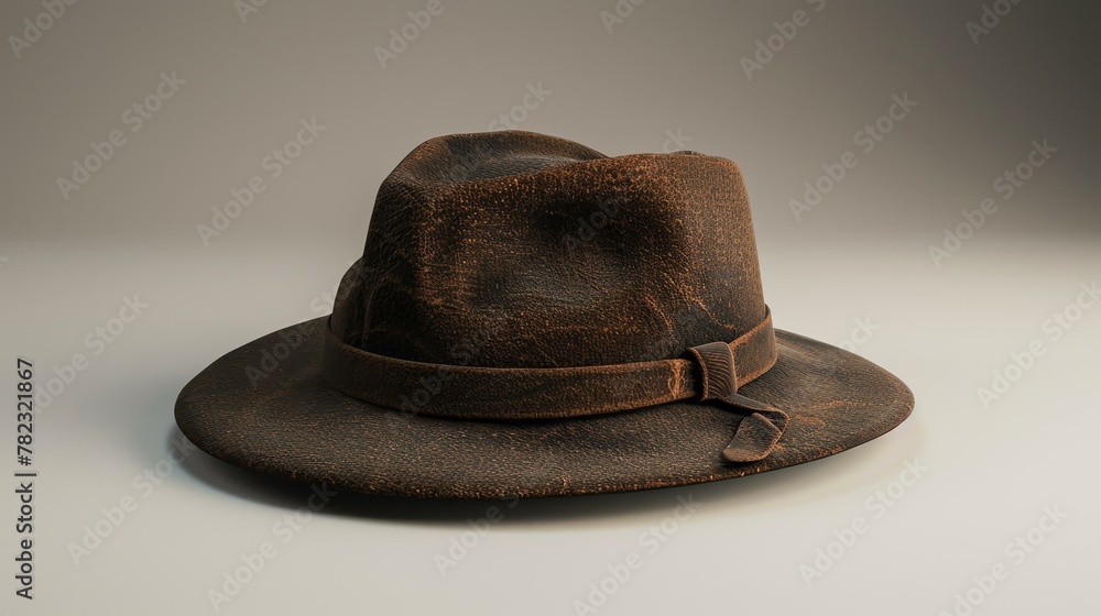 This is a 3D rendering of a brown leather fedora hat. The hat is old ...