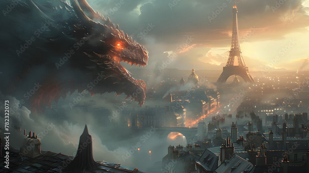 Paris, France personified as a mighty dragon, blending the iconic ...
