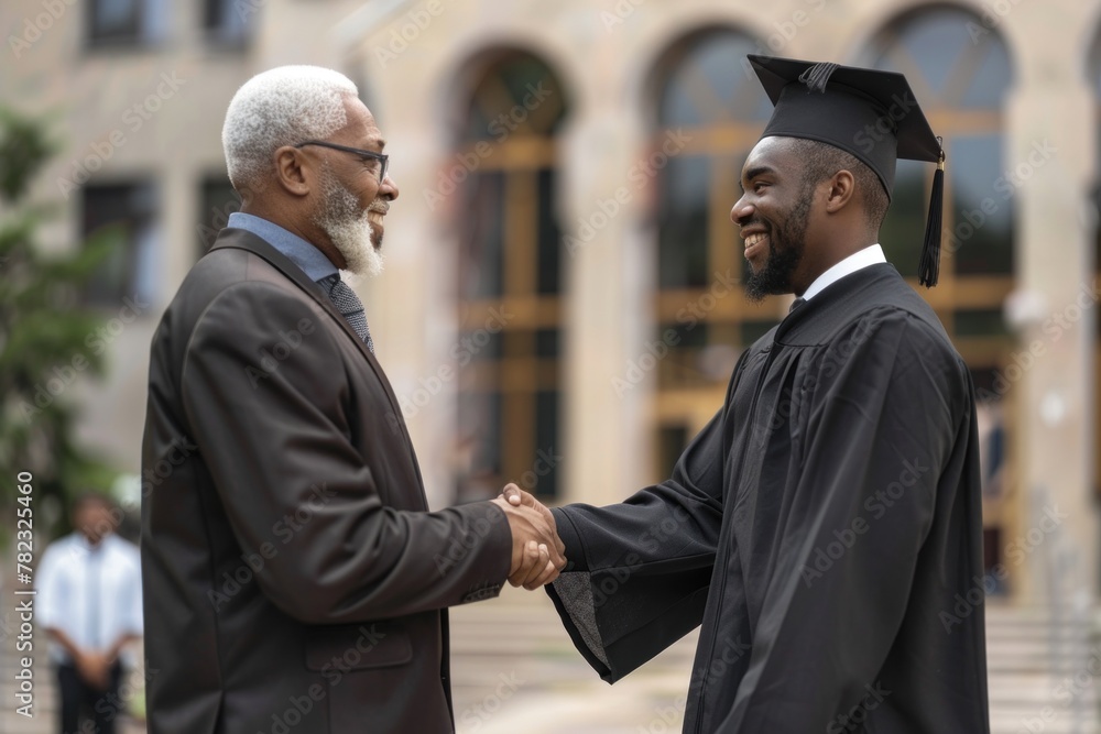 African American male graduate shaking hands with an older man, both ...