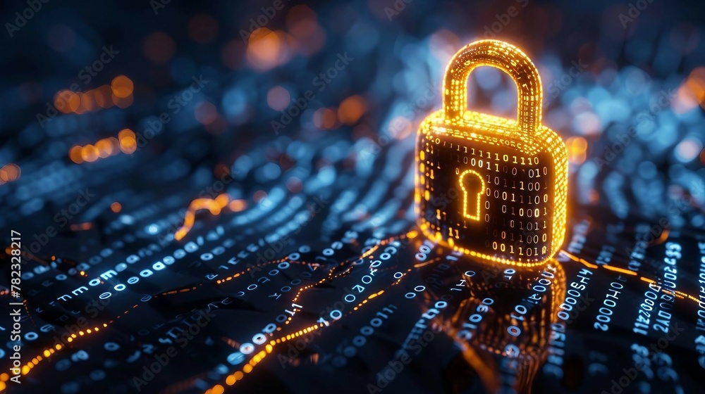 yellow digital padlock with glowing binary code, AI in encryption ... yellow digital padlock with glowing binary code, AI in encryption ...