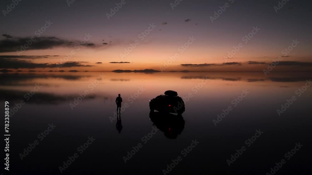 Salar de Uyuni in Bolivia during sunset. Aerial image taken with a ...