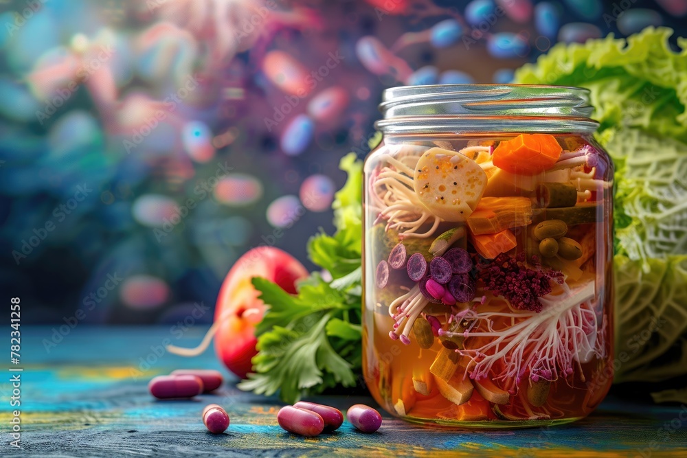 Fermented Foods and their health benefits, highlighted with abstract ...