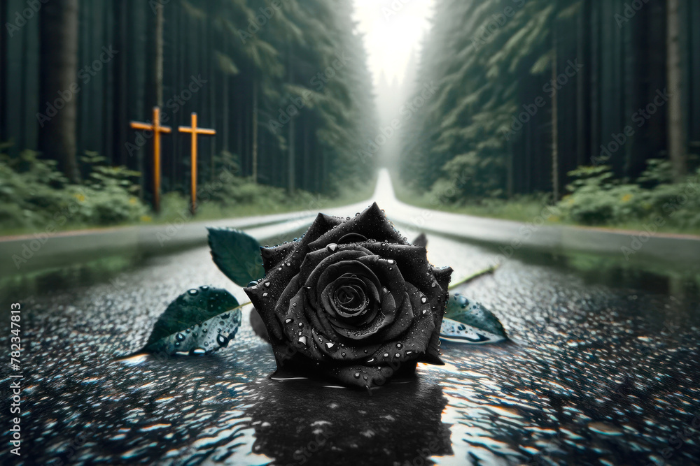 Black rose with 2 crosses on the roadside as a symbol of mourning for ...