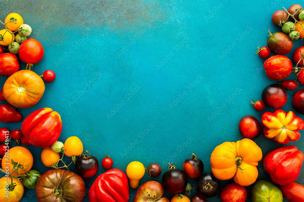 Multi-colored bright ripe tomatoes on an emerald green background ...