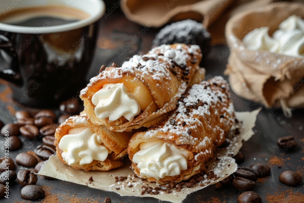 Stacked cream filled cannolis with coffee Stock Photo | Adobe Stock
