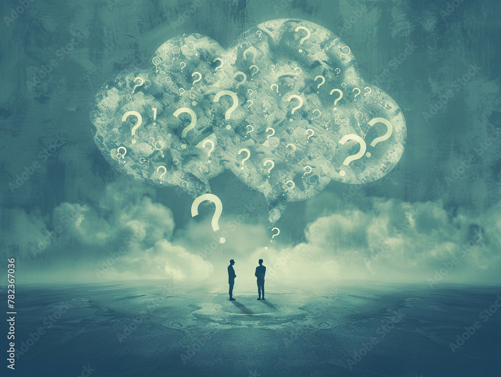 A swirling cloud of dialogue bubbles and question marks, with two ...