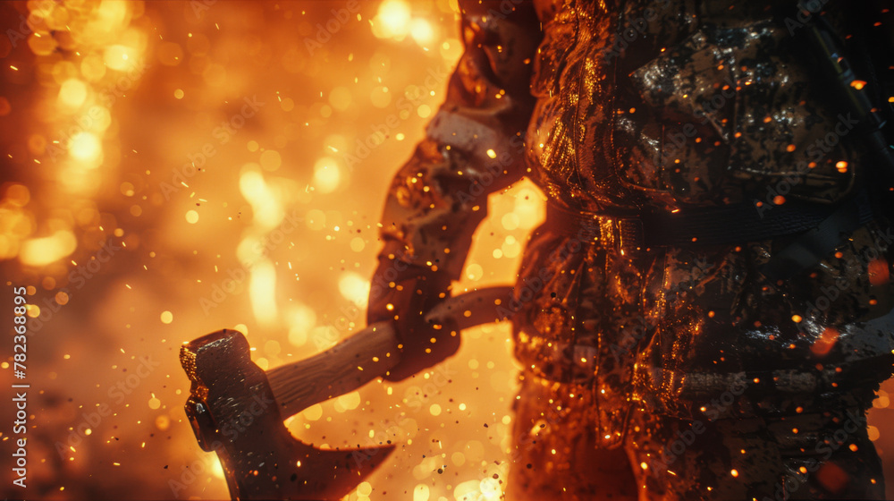 Rescue firefighter man in a fire holds iron axe. Stock Photo | Adobe Stock