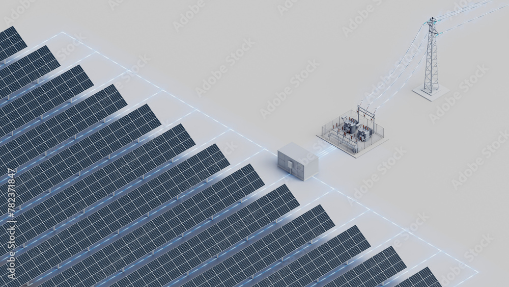 A big solar farm connected to the substation and to the power grid ...
