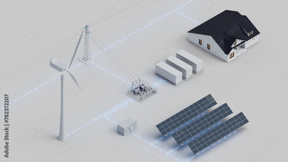 Wind turbine, solar panels and batteries connected to the power grid ... Wind turbine, solar panels and batteries connected to the power grid ...